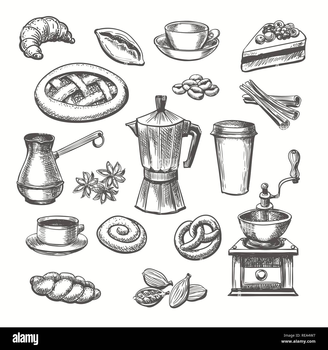 Vintage desserts and coffee sketch. Vector hand drawn sketch sweets and ...