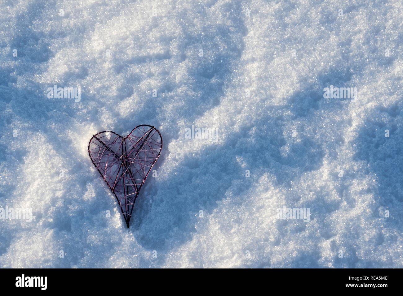 Metal pink heart lying in the snow with copy spave for banner or ...
