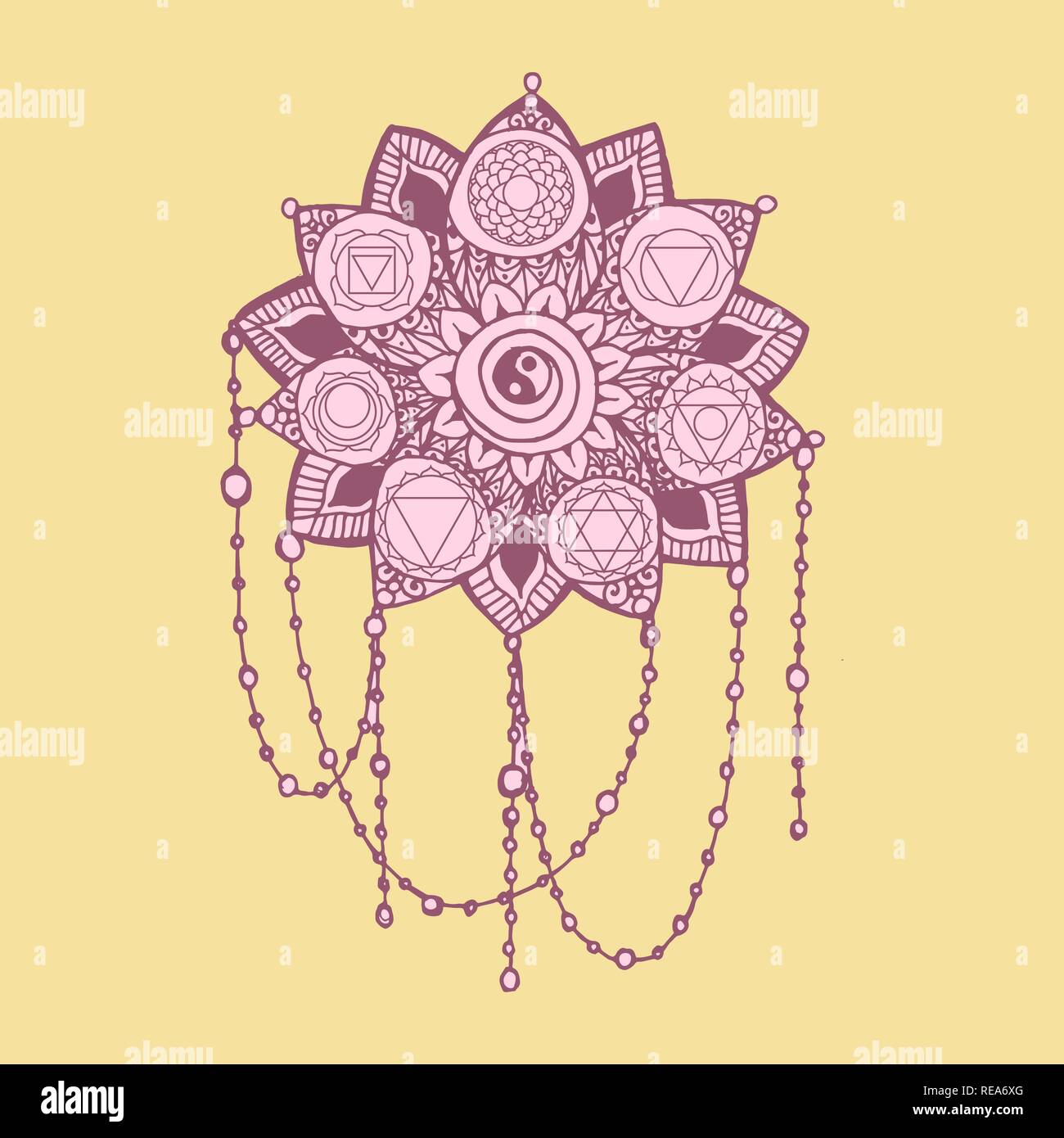 Doodle style pink and yellow line art lotus with yoga chakras pictogram ...
