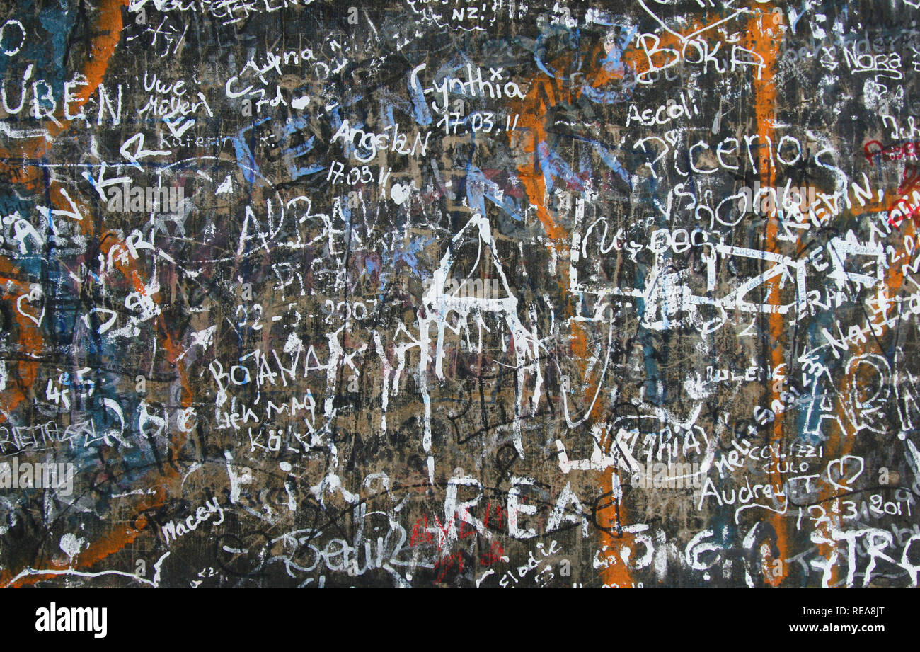 tourists painted the wall in different languages, abstract background ...
