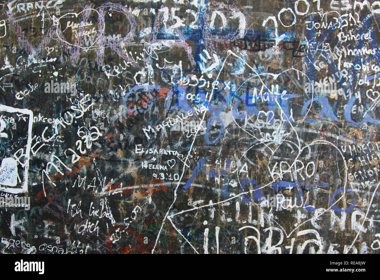 tourists painted the wall in different languages, abstract background ...