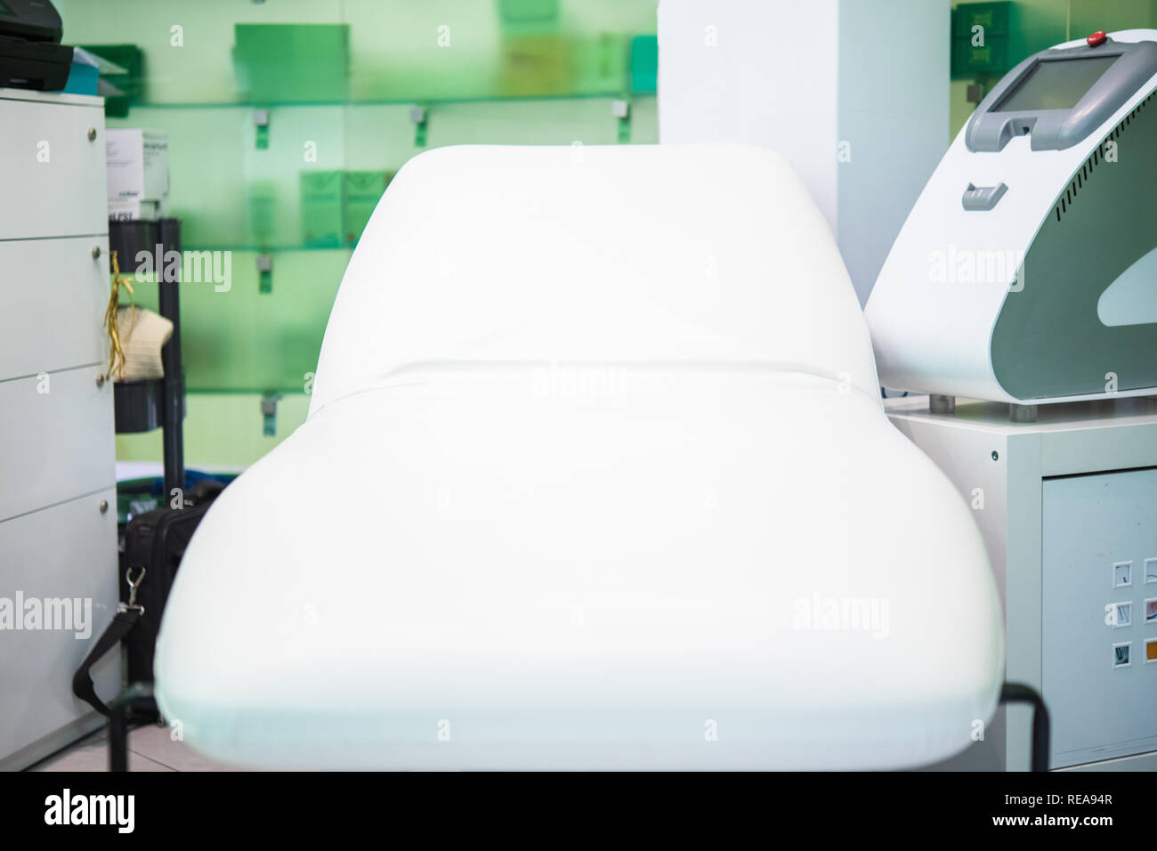 Full length of clinica room with blood test medial equipment and white ...