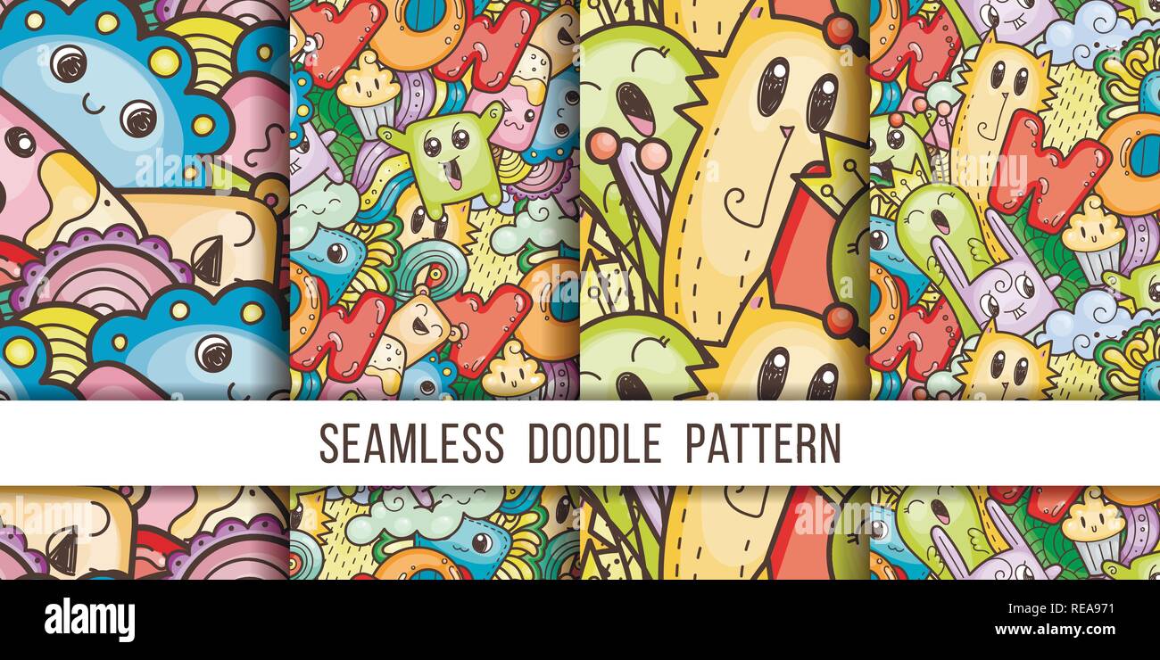 Collection of seamless vector patterns with cute cartoon monsters and ...