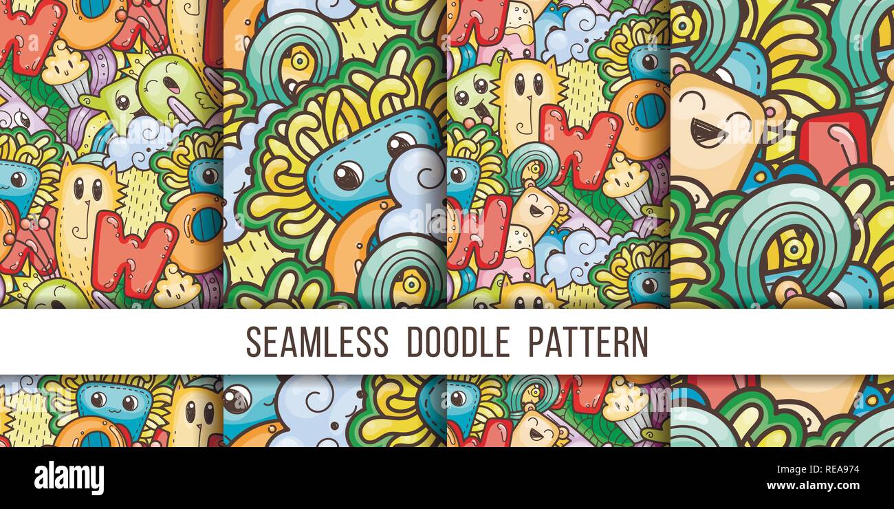 Collection of seamless vector patterns with cute cartoon monsters and ...