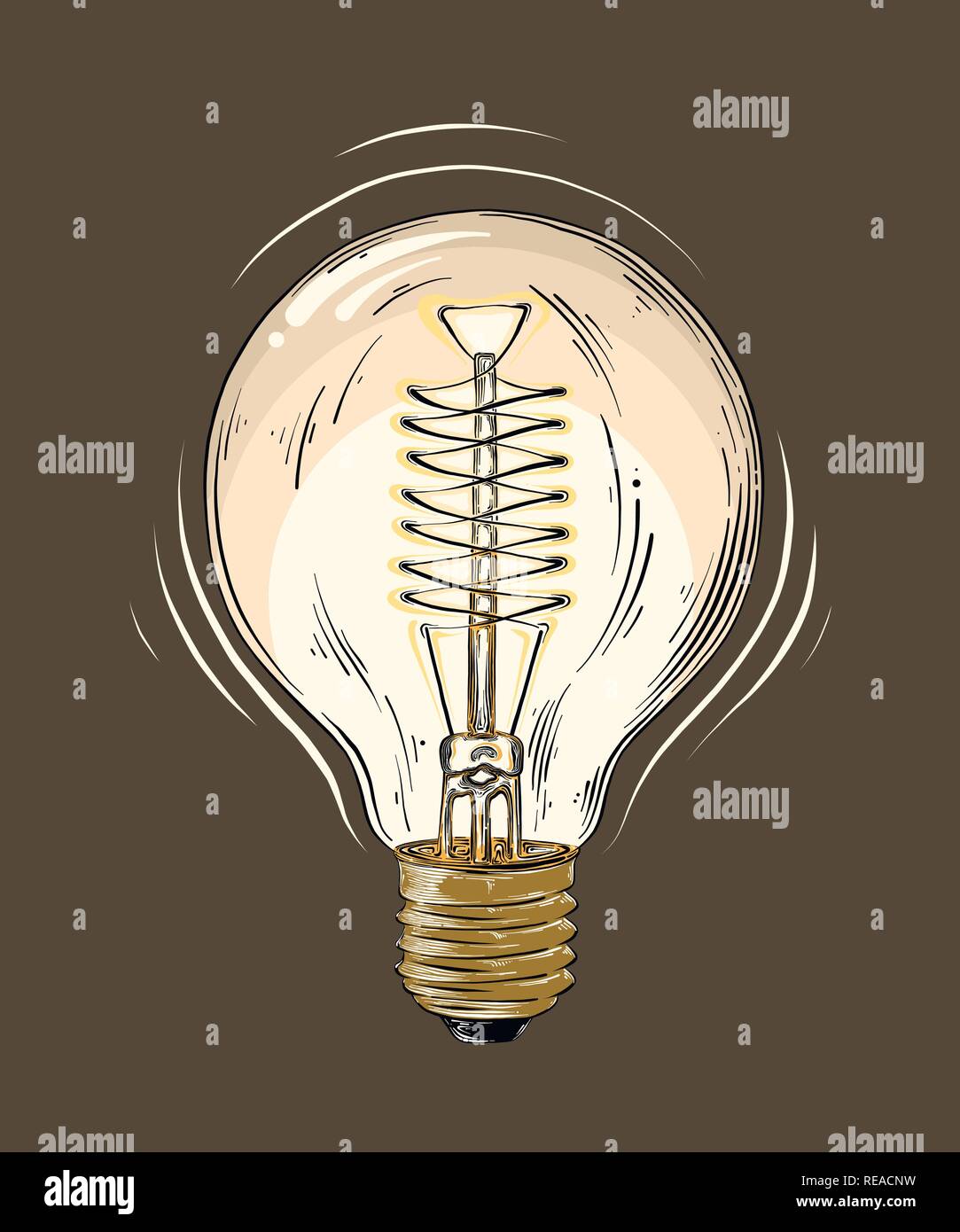Hand drawn sketch of lightbulb in color isolated on dark background. Detailed vintage style ...