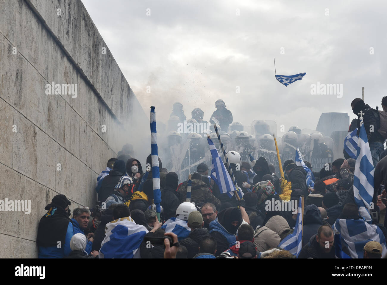 Athens, Greece. 20th Jan 2019. Protesters clash with riot police during ...