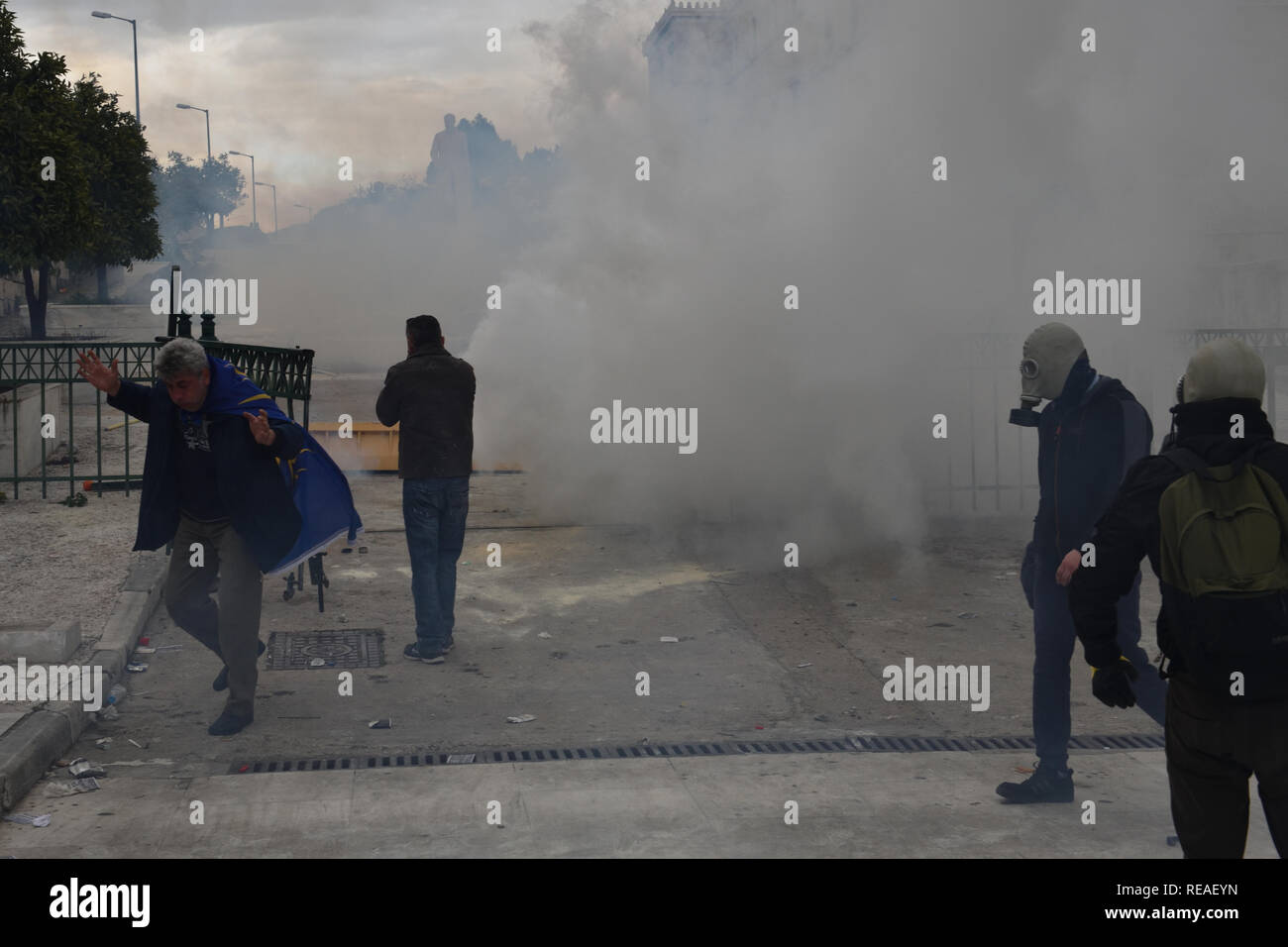 Athens, Greece. 20th Jan 2019. Protesters clash with riot police during ...