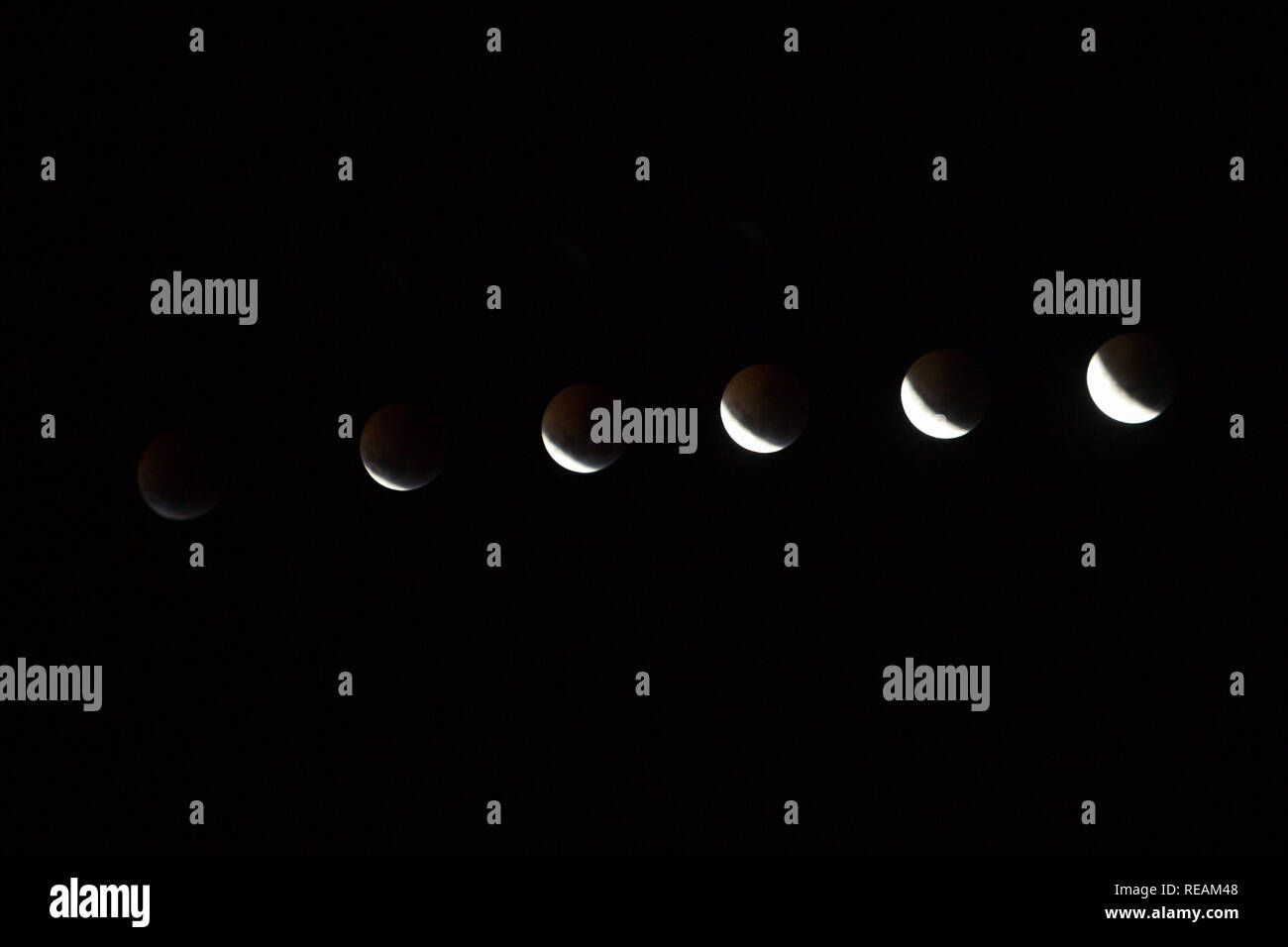 Asuncion, Paraguay. 21st Jan, 2019. (R-L) Partial lunar eclipse sequence before the start of ...