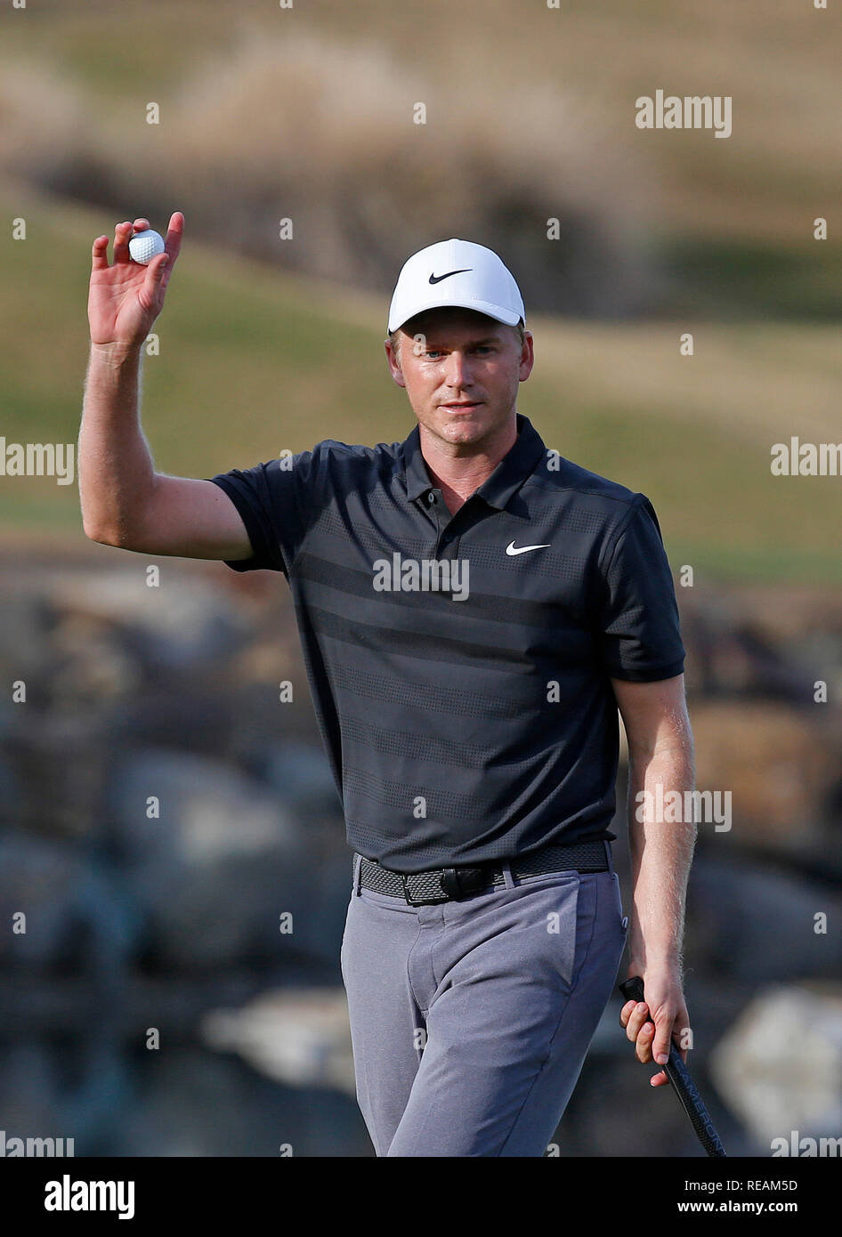 La Quinta, California, USA. January 20, 2019 Adam Long reacts after ...