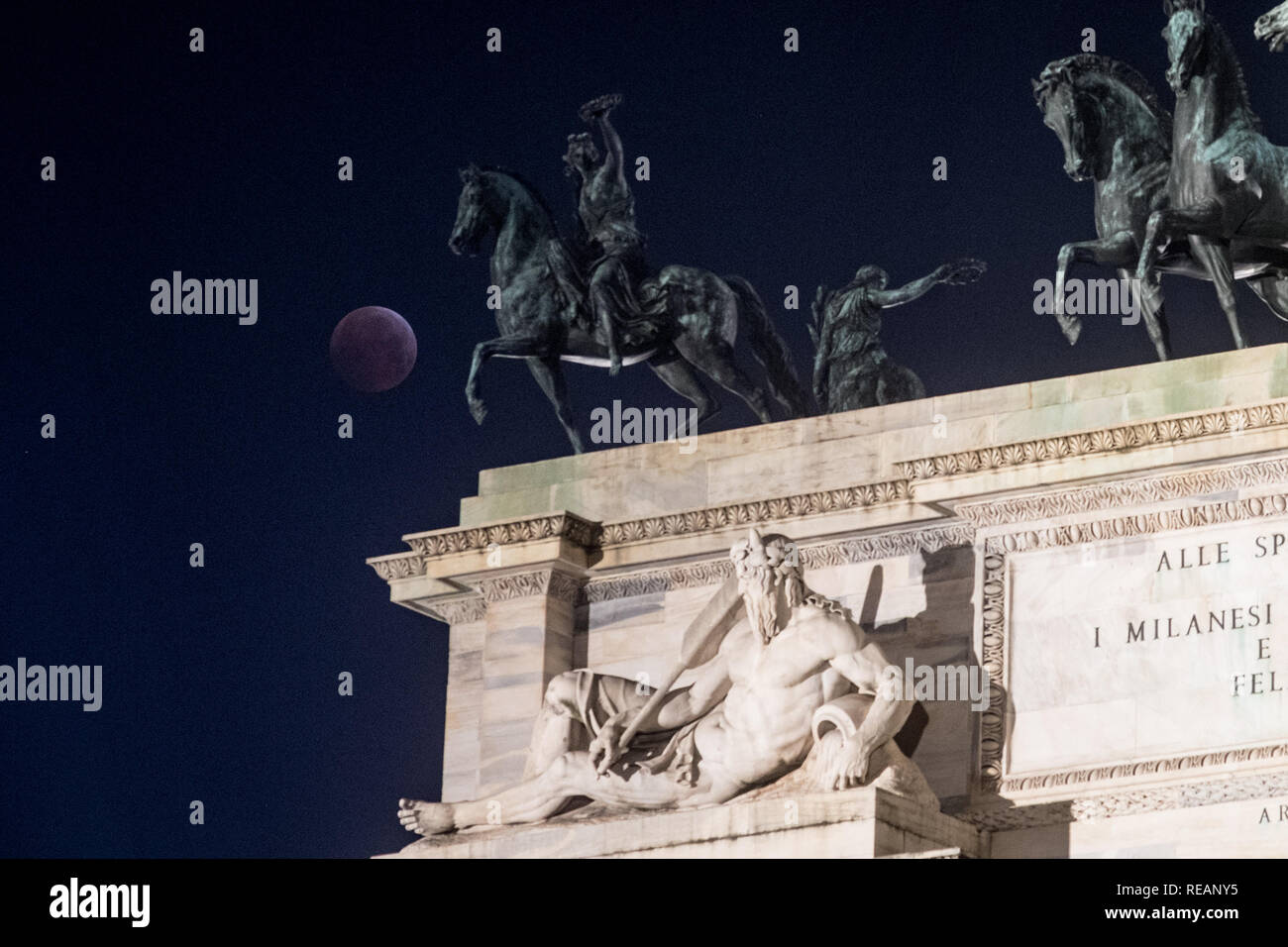 Milan, Italy. 21st January, 2019. Lunar eclipse over Milan, Italy ...