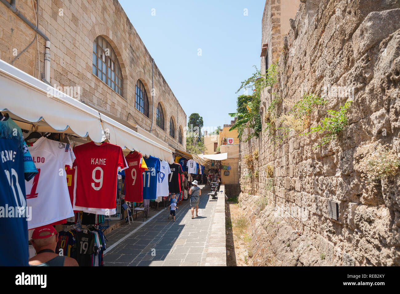Rhodes, Greece. May 30, 2018. Local shopping and restaurants on market ...