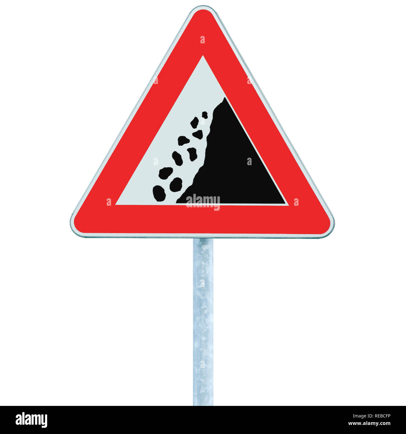 Falling rocks risk caution road sign on pole post, large detailed ...