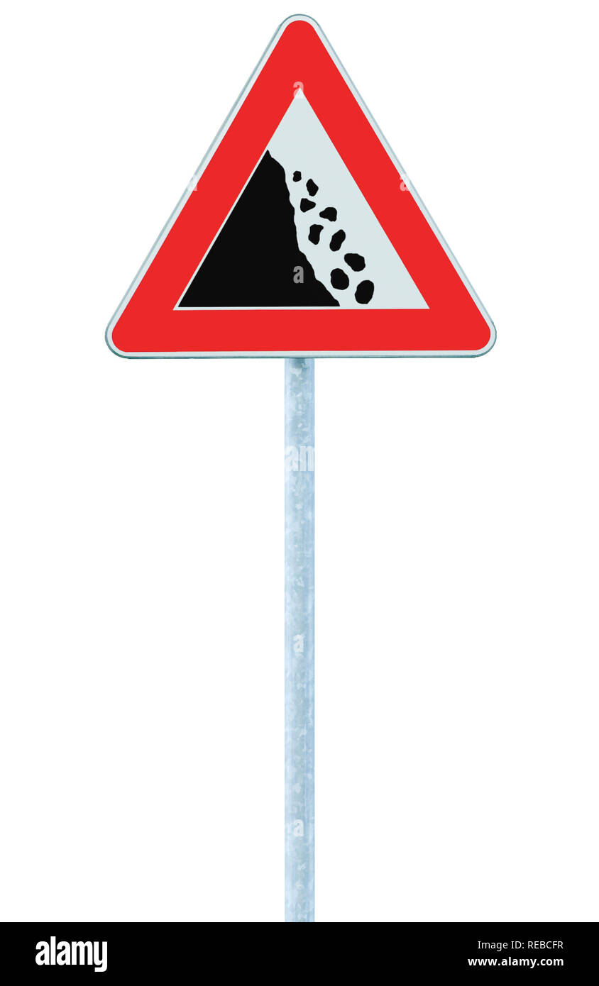 Falling rocks risk caution road sign on pole post, large detailed ...