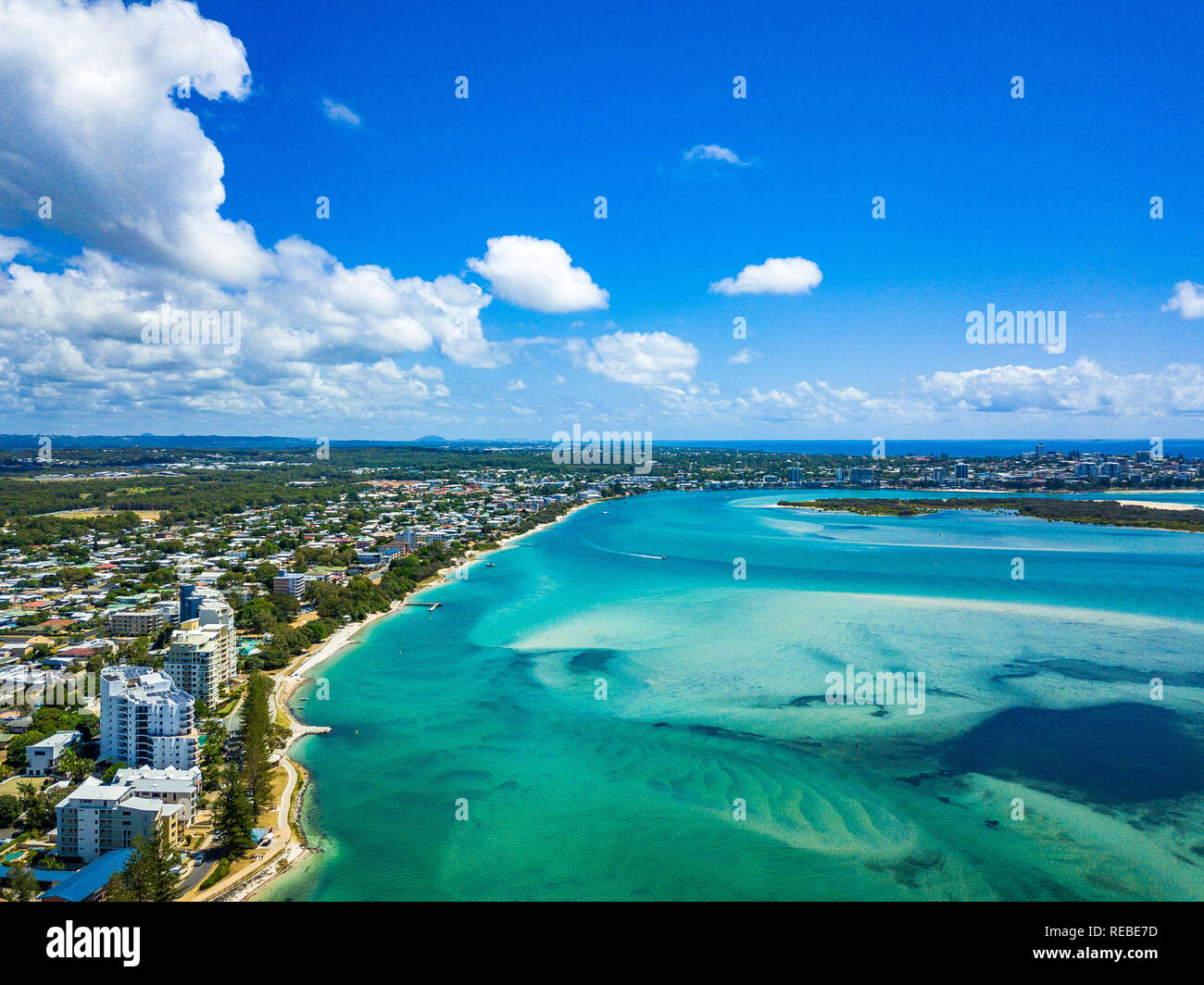 Aerial view of Golden Beach and the Caloundra area across through the ...