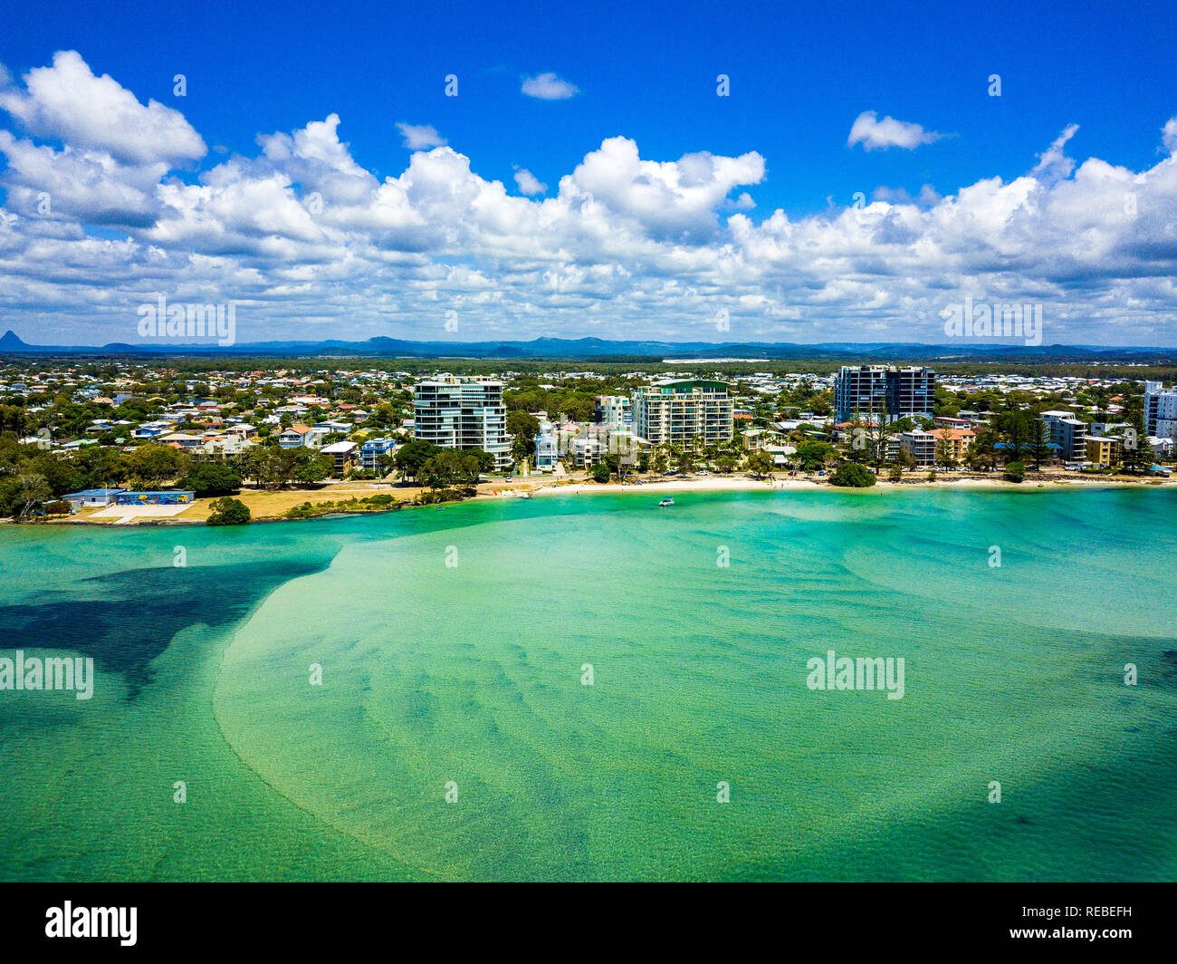 Aerial view of Golden Beach and the Caloundra area across through the ...