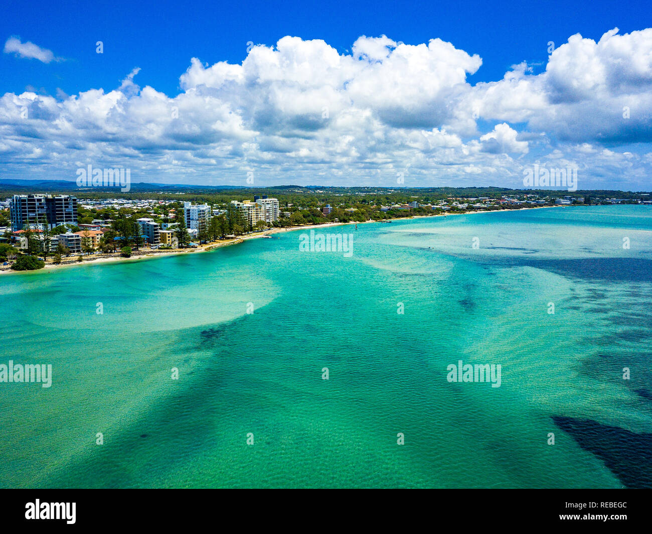 Aerial view of Golden Beach and the Caloundra area across through the ...