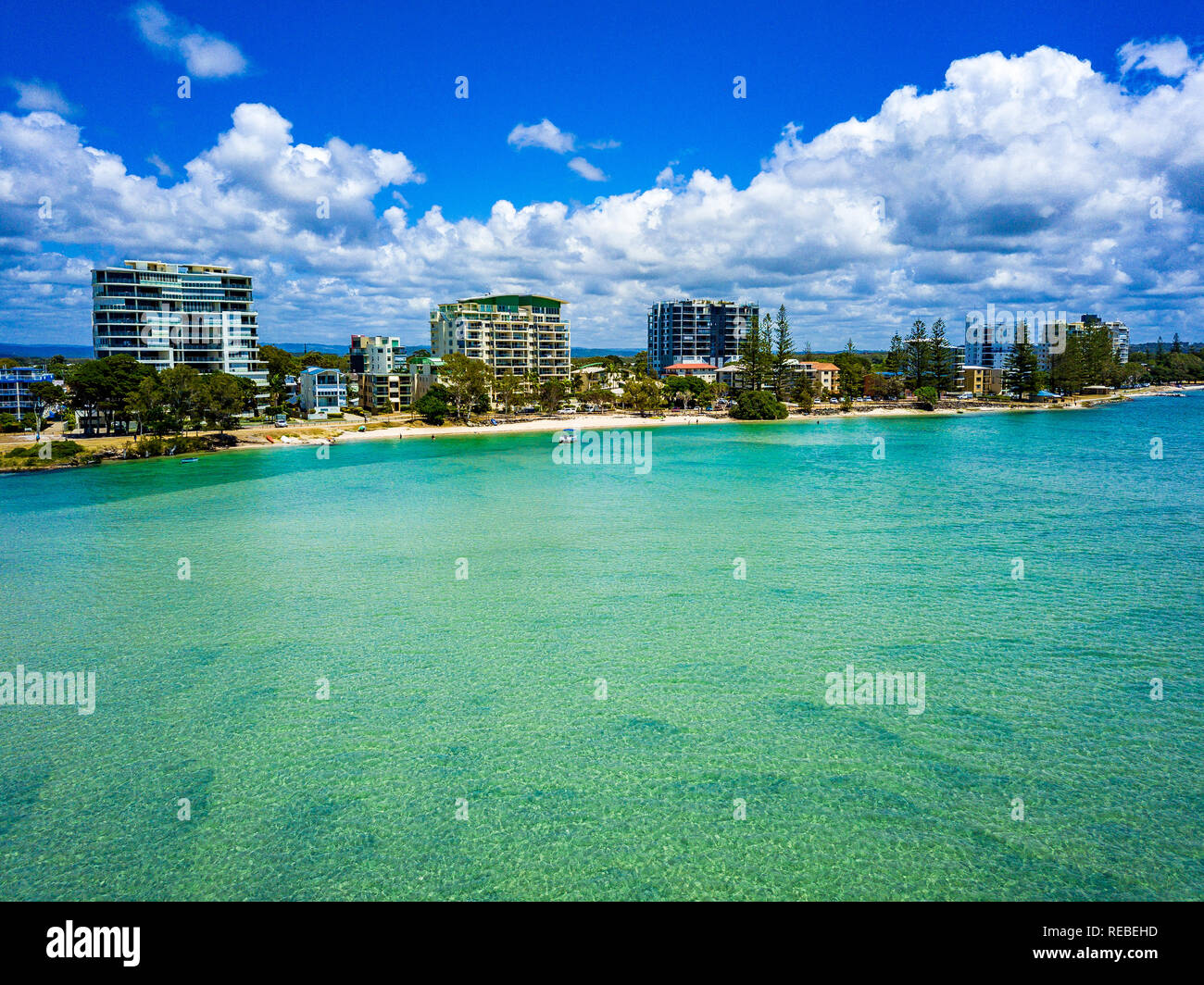 Aerial view of Golden Beach and the Caloundra area across through the ...