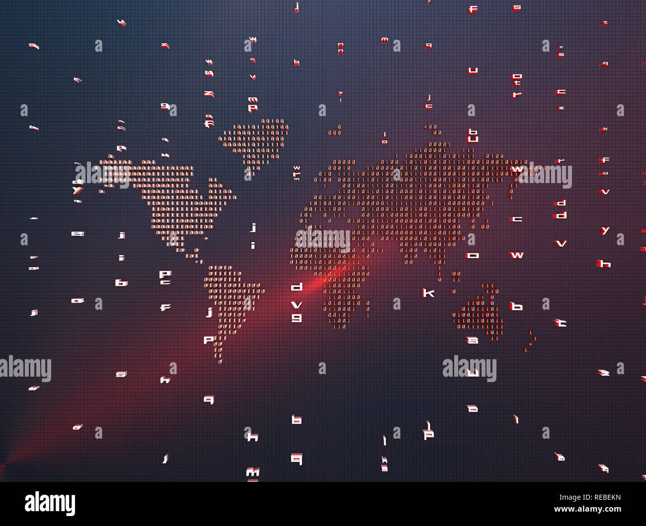 Network financial technology, a world map composed of binary symbols ...