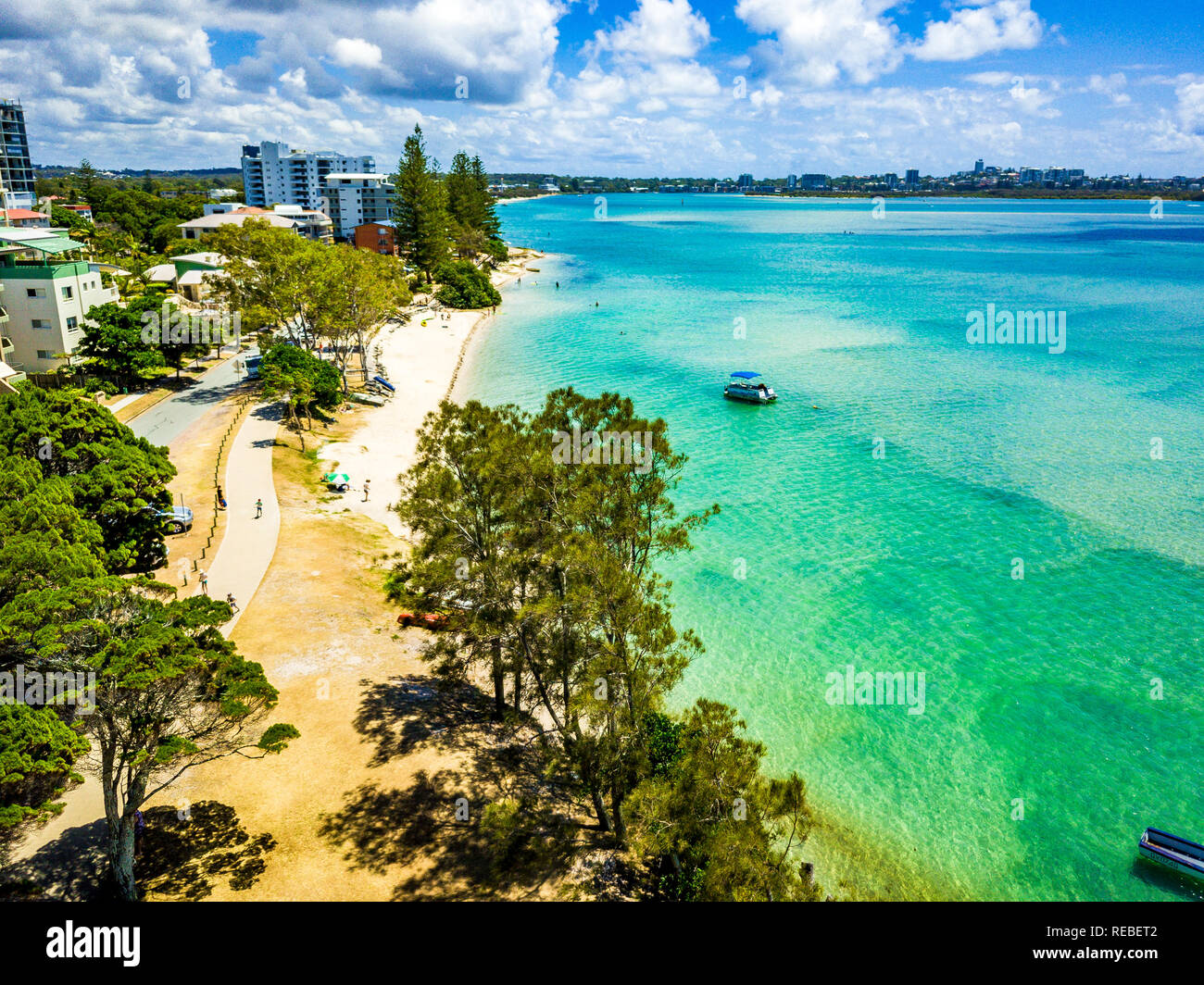 Aerial view of Golden Beach and the Caloundra area across through the ...