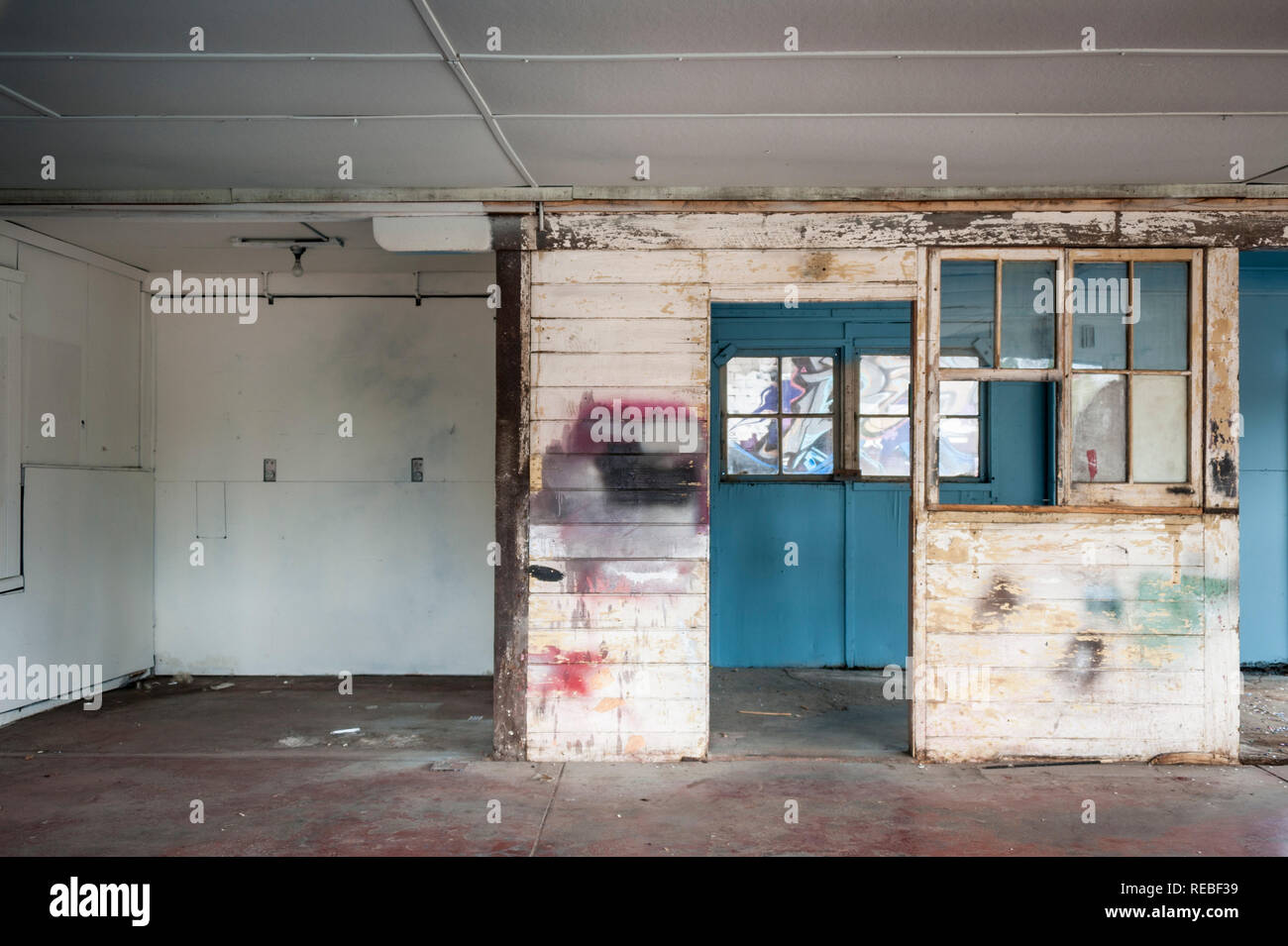 Interior of an old abandoned warehouse with empty office space Stock ...