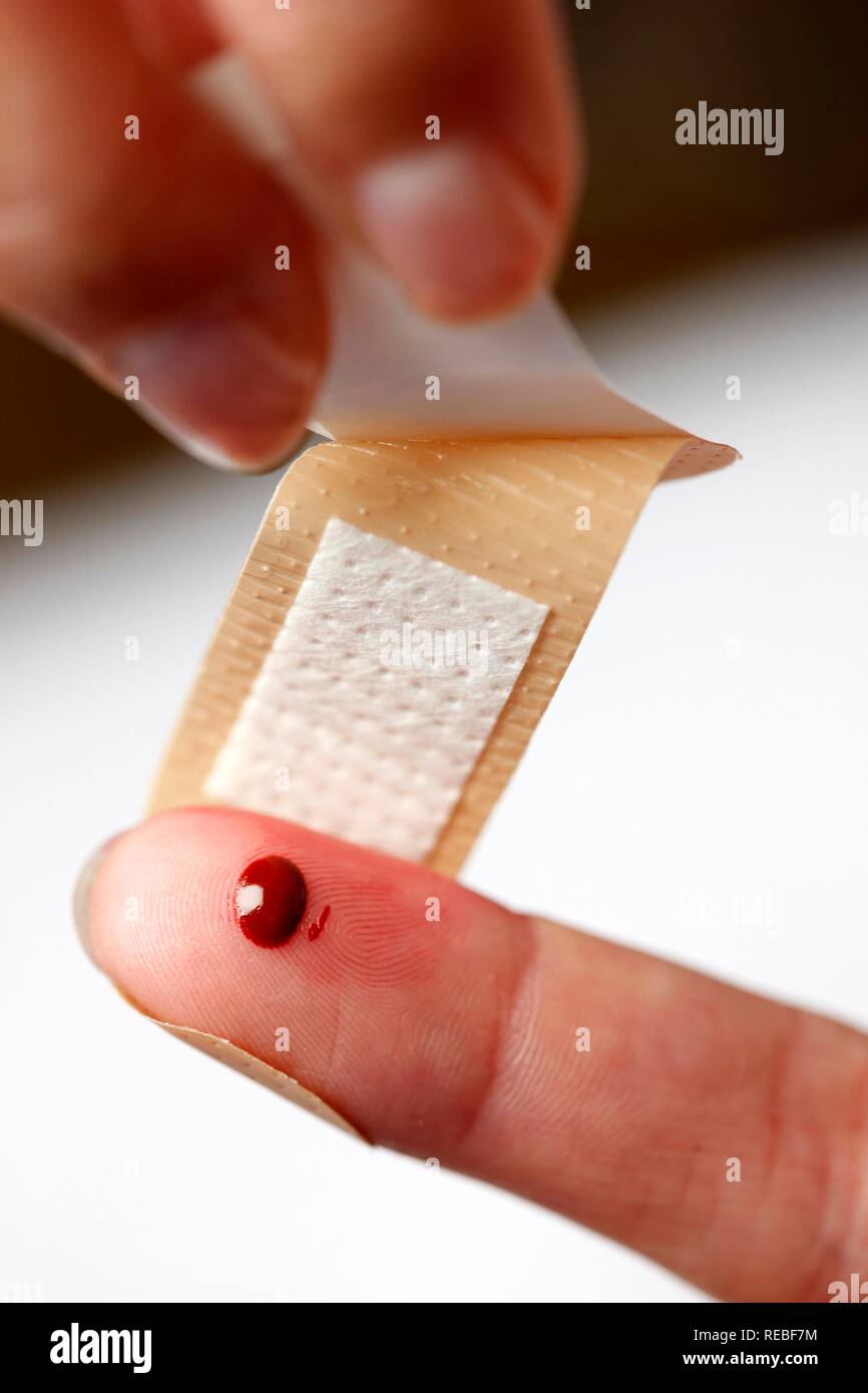 Adhesive bandage, applied to a little wound on a finger Stock Photo - Alamy