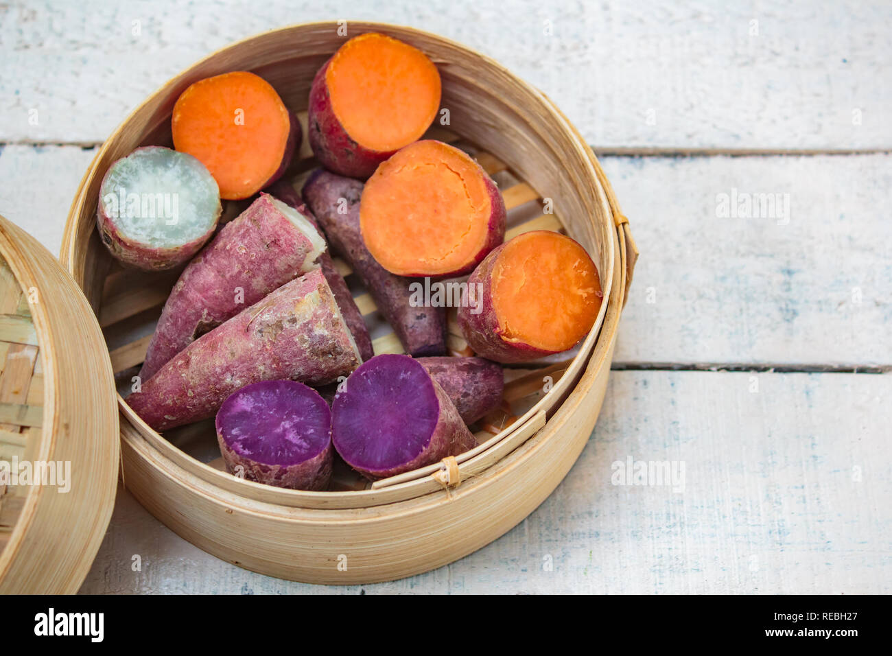 Boiled organic sweet potato, yellow yam, purple yam Stock Photo - Alamy
