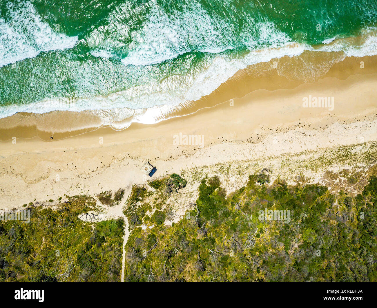 Aerial view of the beach at the Northern tip of Bribie Island in QLD ...