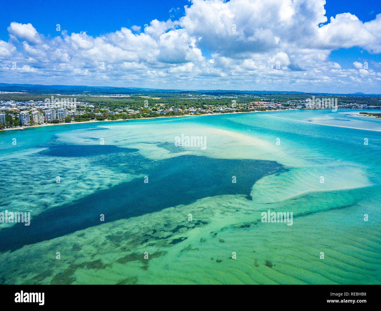 Aerial view of Golden Beach and the Caloundra area across through the ...