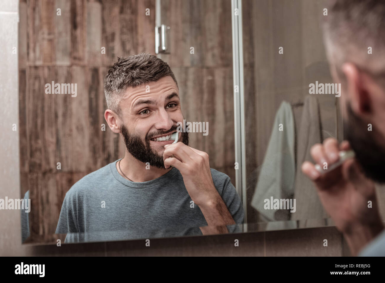 Handsome bearded man brushing his teeth in the morning Stock Photo - Alamy