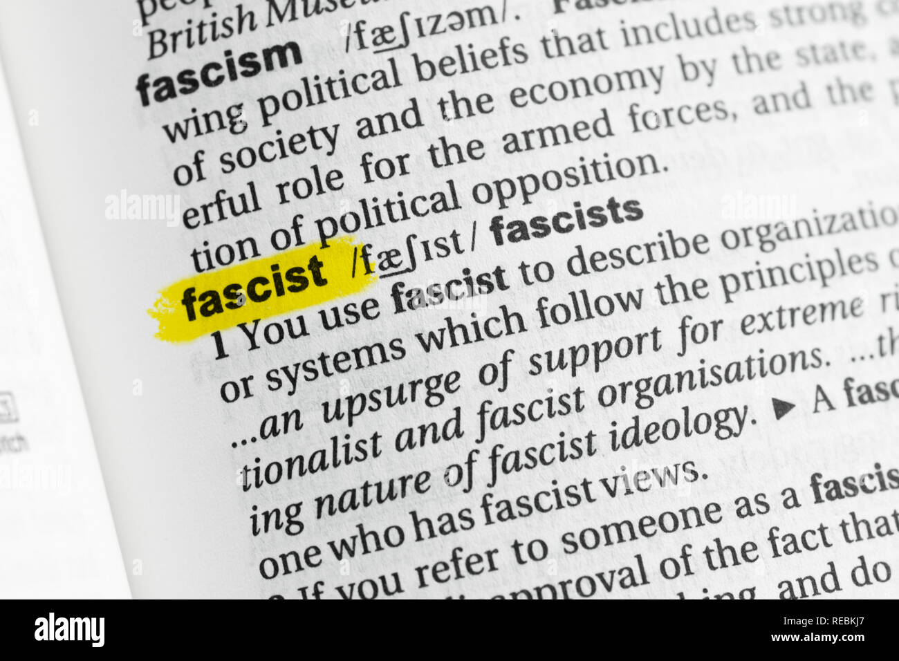 Highlighted English word "fascist" and its definition at the dictionary ...