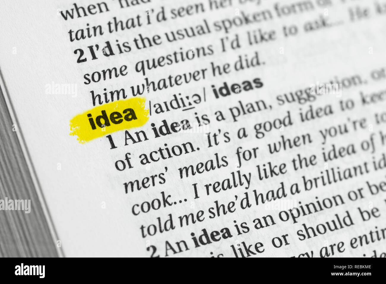 Highlighted English word "idea" and its definition at the dictionary ...