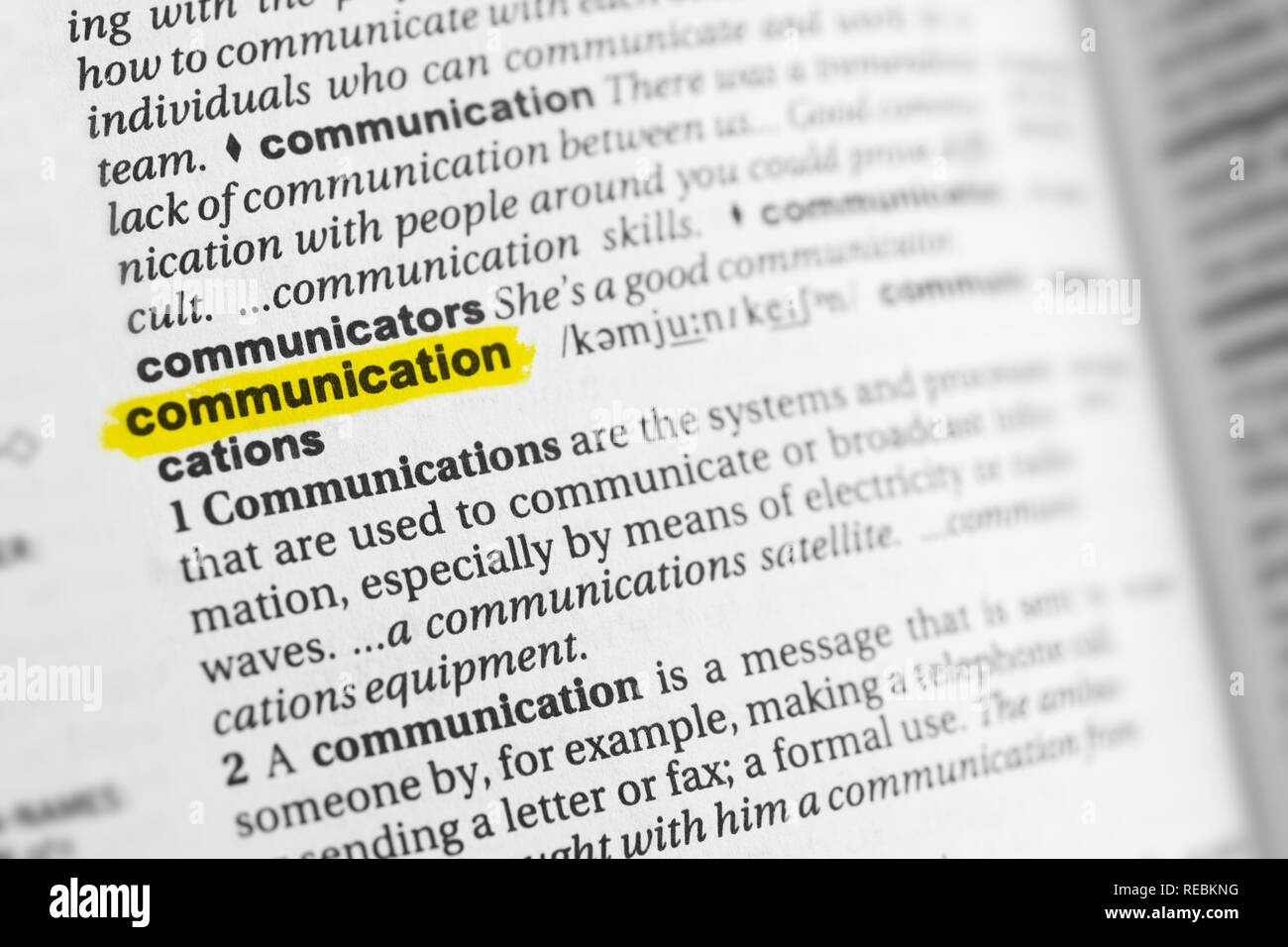 Highlighted English word "communication" and its definition at the ...