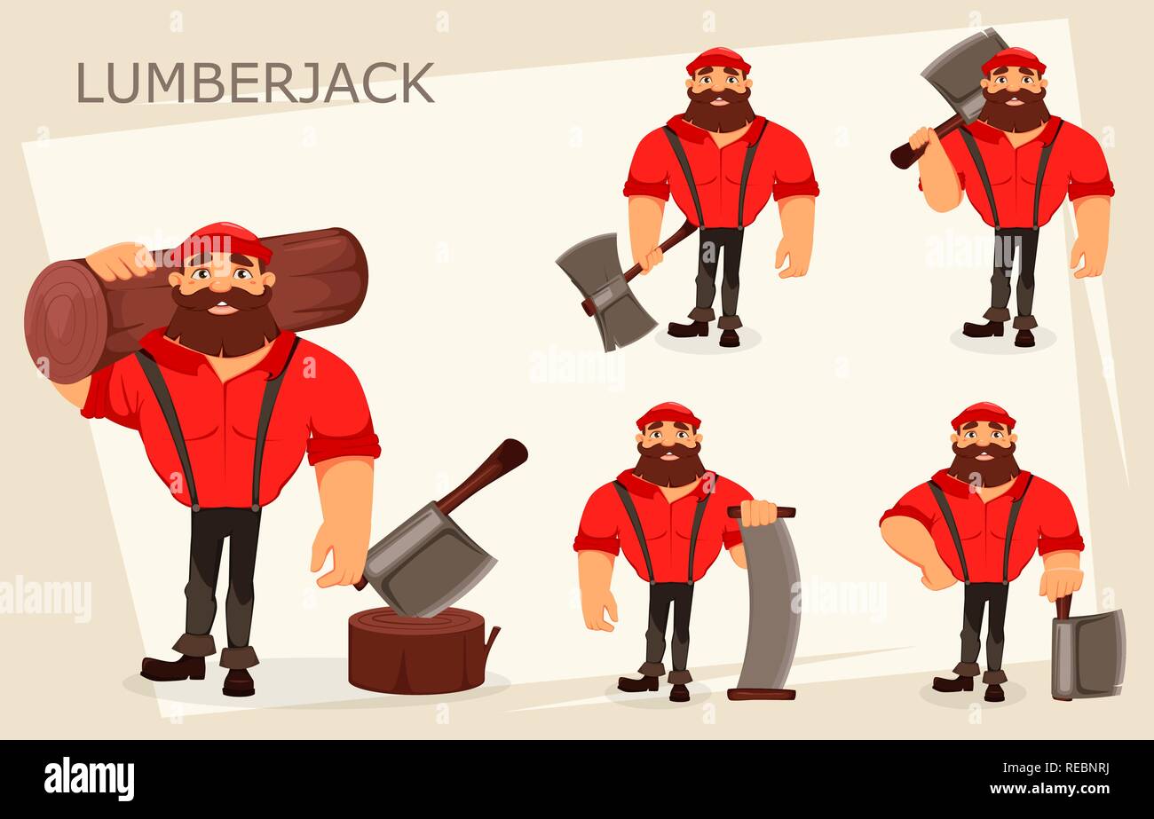 Lumberjack cartoon character, set of five poses. Handsome logger ...