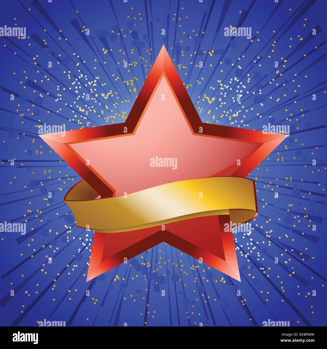 Red Star with 3D Details and Blank Golden Banner Over Blue Star Burst ...