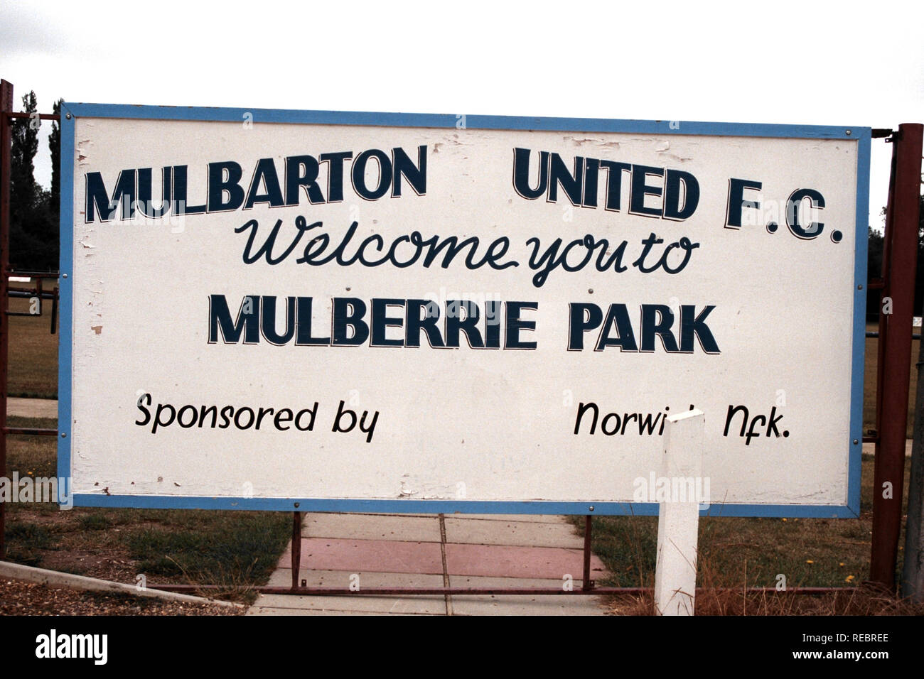 Entrance sign at Mulbarton United FC Football Ground, Mulberrie Park ...