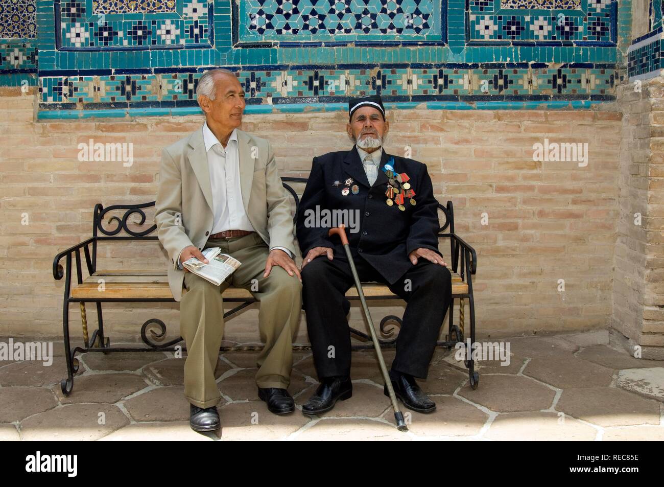 World War II veteran in the Shahr-I-Zindah or Shahi Sinda necropolis, Samarkand, Uzbekistan ...