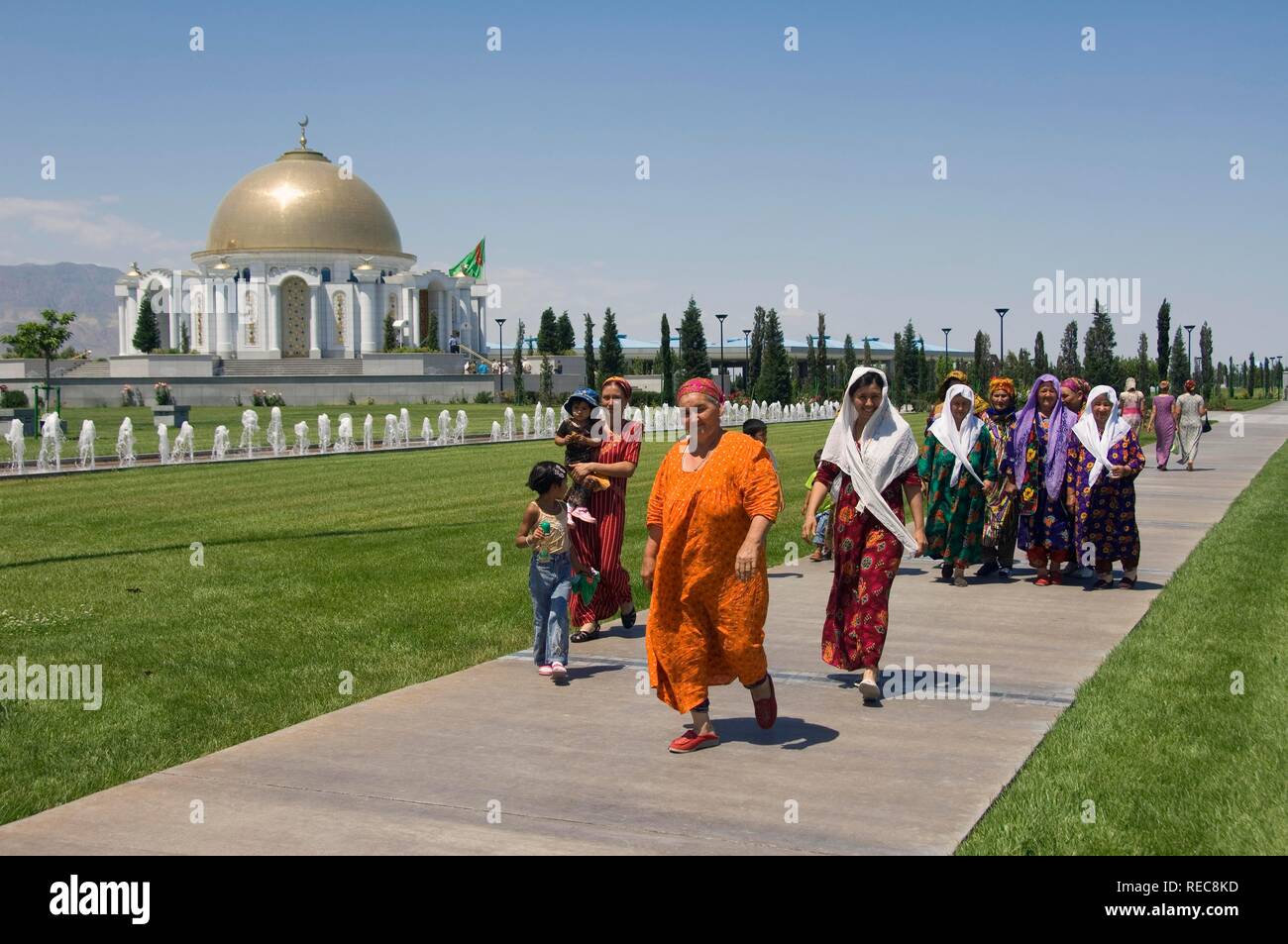 Ashgabat, women in front of the Mausoleum of President Turkmenbasy ...