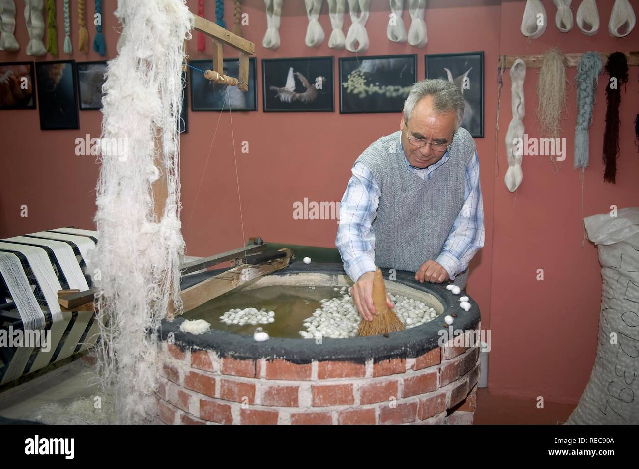 Man extracting silk filaments from cocoons, Antalya, Turkey Stock Photo ...