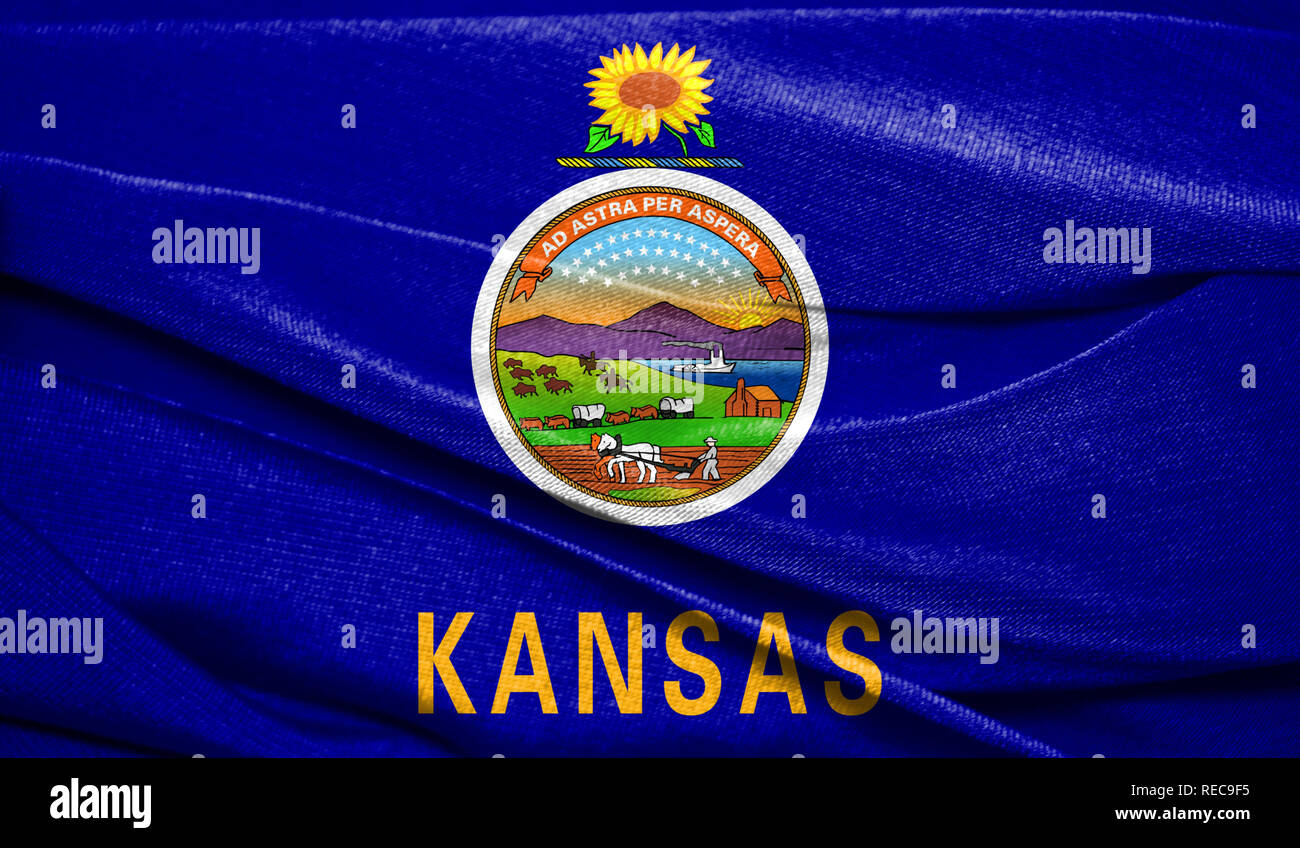 Realistic flag State of Kansas on the wavy surface of fabric. Perfect ...