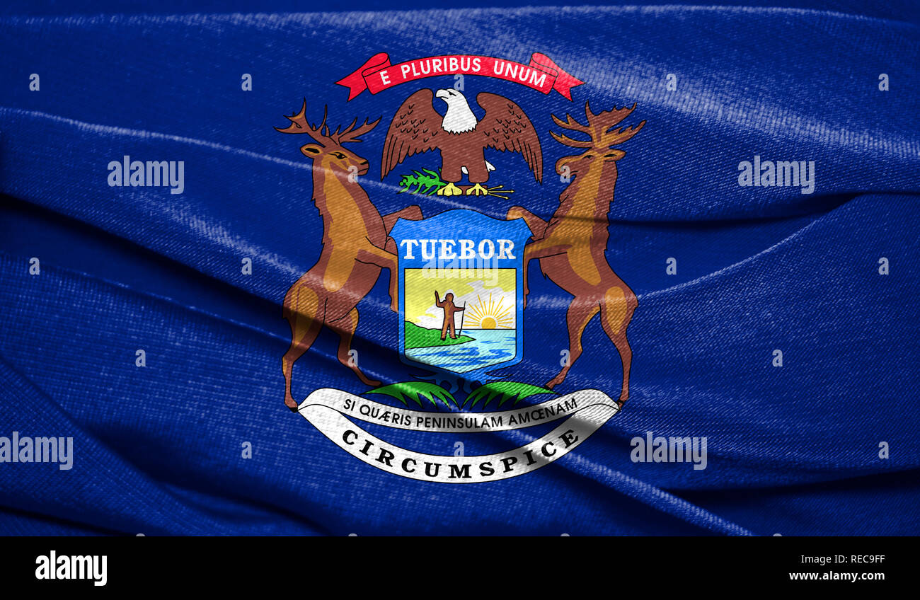 Realistic flag State of Michigan on the wavy surface of fabric. Perfect ...