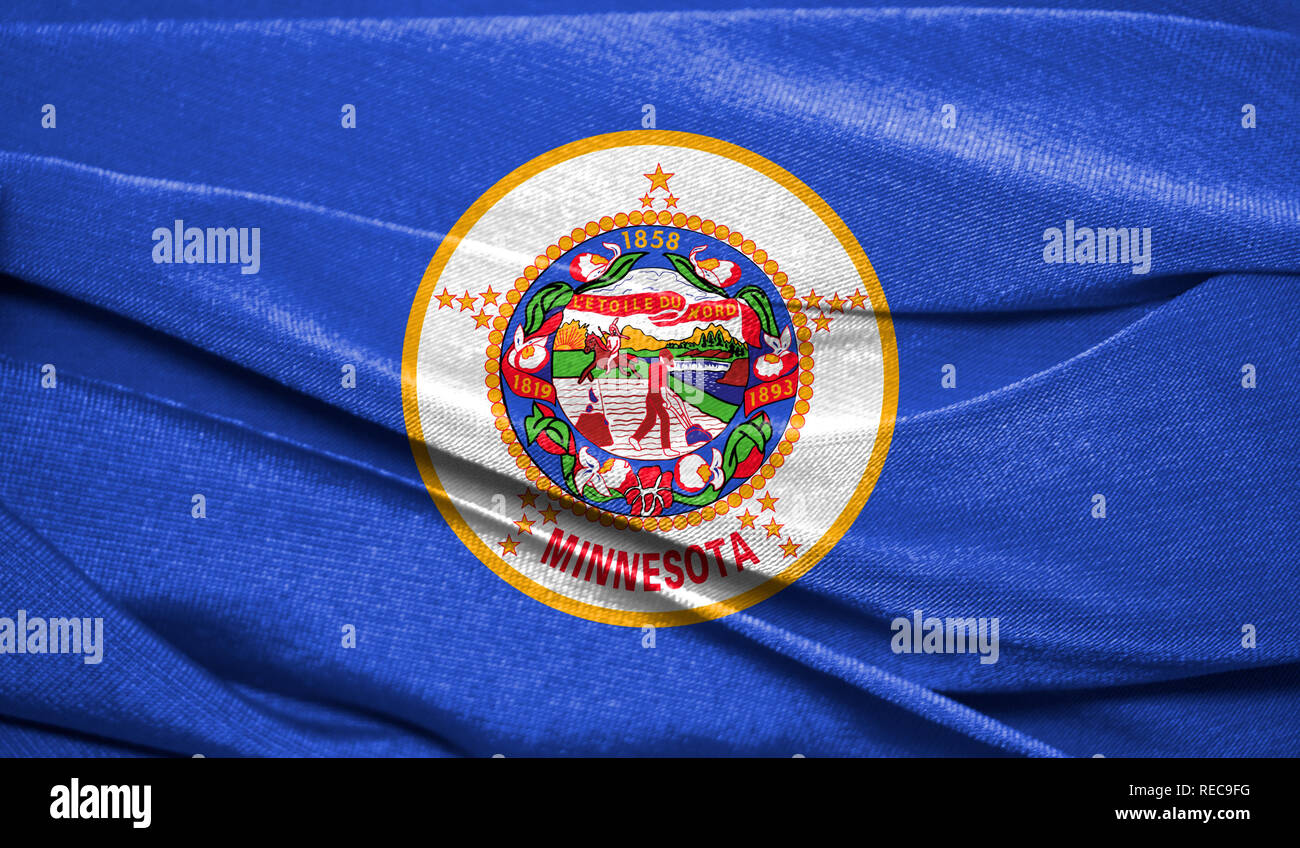 Realistic flag State of Minnesota on the wavy surface of fabric ...