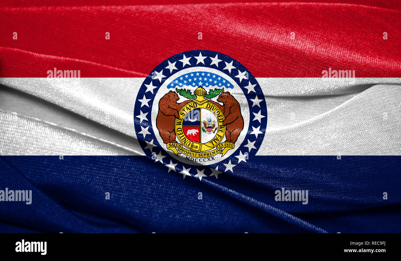 Realistic flag State of Missouri on the wavy surface of fabric. Perfect ...