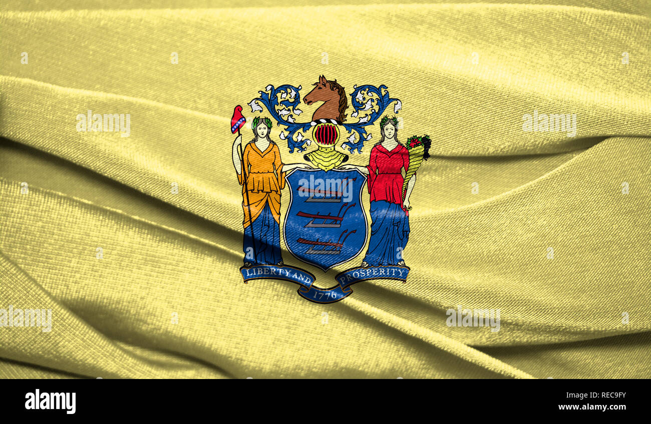 Realistic flag State of New Jersey on the wavy surface of fabric ...
