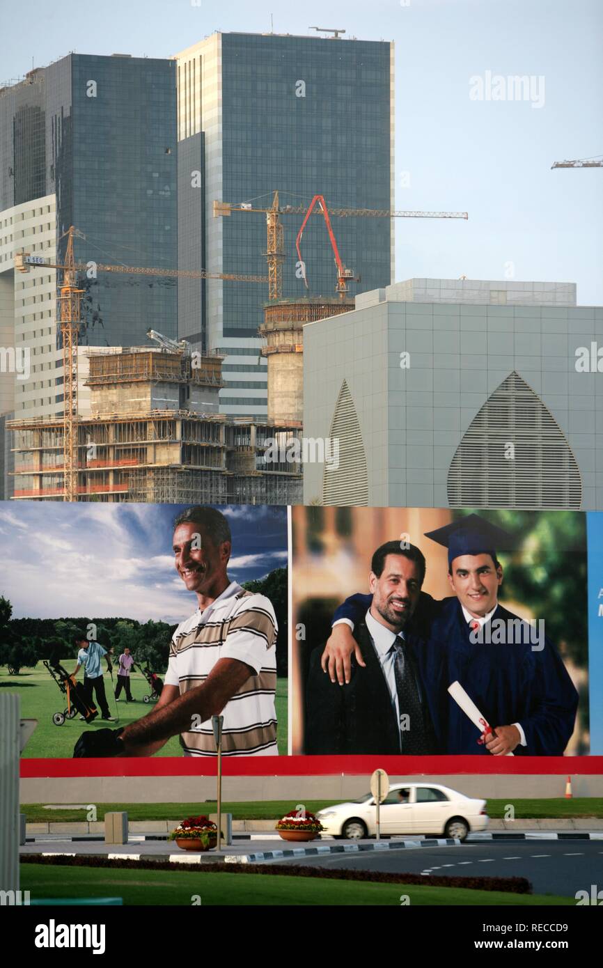 Advertising billboard for the University of Doha, high-rise building ...