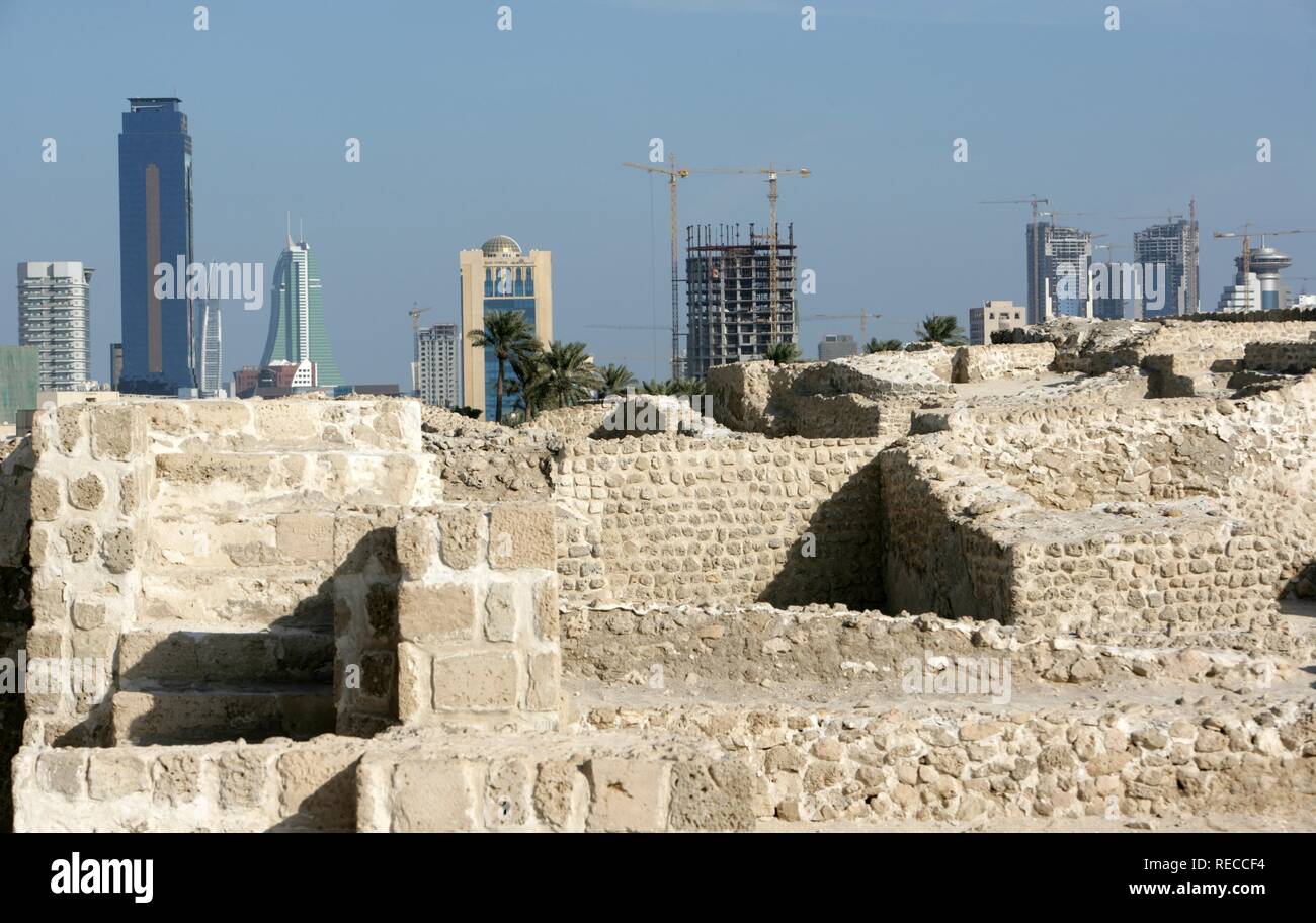 Fort Bahrain, skyline of the capital Manama, Kingdom of Bahrain ...