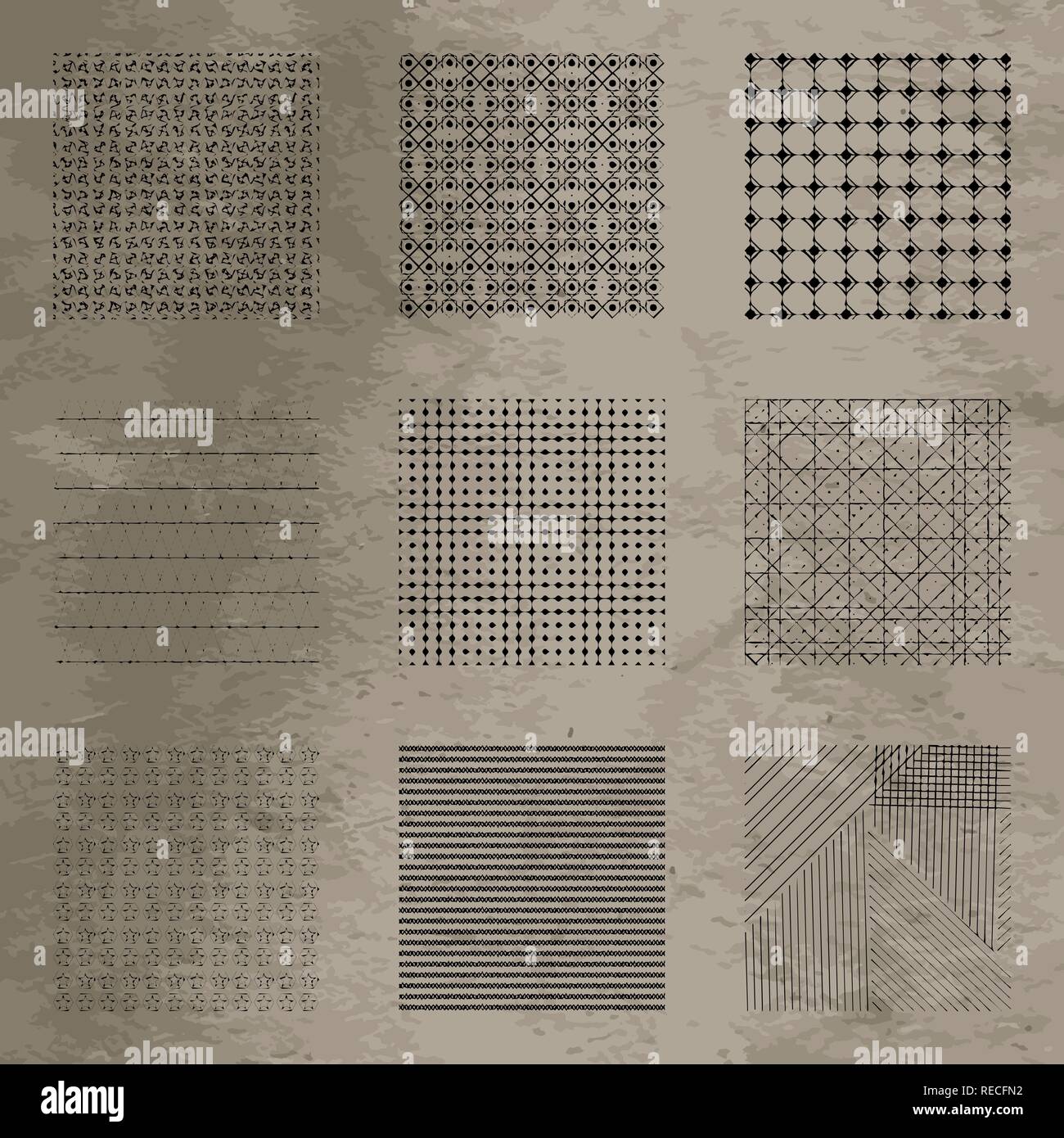 Set of vector geometric grunge patterns on textured background Stock ...