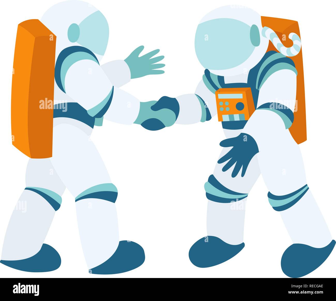 Meeting and handshake of two astronauts in space. Cosmic friends ...