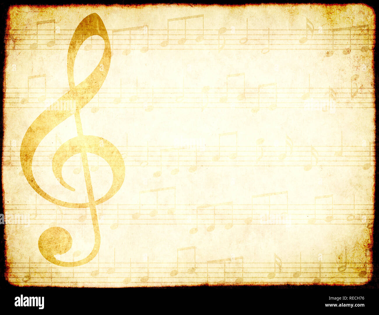 Grunge background with old soiled paper texture, treble clef and ...