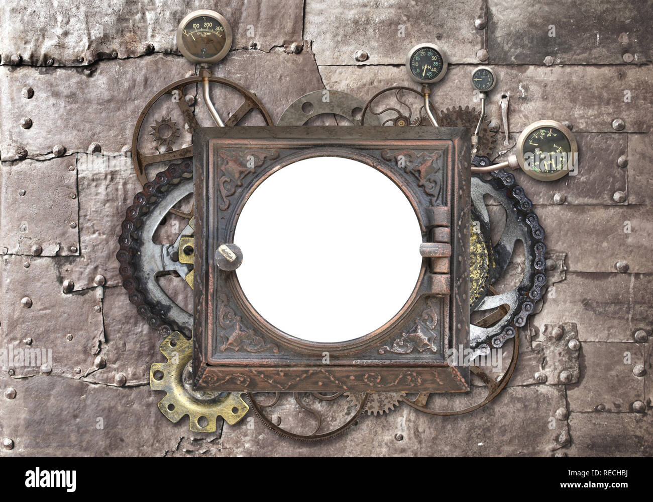 Grunge background with metallic frame with vintage machine gears and ...