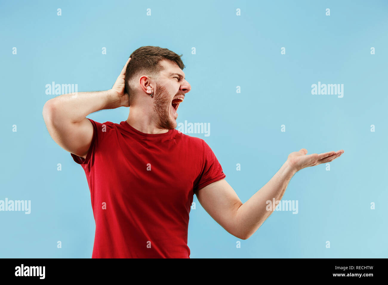 Do not miss. Young casual man shouting. Shout. Crying emotional man ...